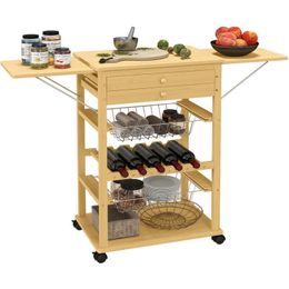 HOMCOM - Küchenwagen mit 2 Aufbewahrungskörben, 2 Schubladen, ausziehbarer Tischplatte, 4 Rollen, Bambus, Gemüsehorde Natur - Naturholz