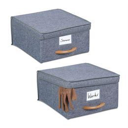 Aufbewahrungsbox 2er Set, je 12 l, Faltbox mit Deckel, Ordnungsbox aus Stoff, faltbarer Regalkorb, Griff, grau - Relaxdays