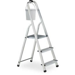 Relaxdays - Trittleiter klappbar, 3 Stufen, Leiter Aluminium, 125 kg, mit Sicherheitsbügel, hbt 116 x 40,5 x 61 cm, silber