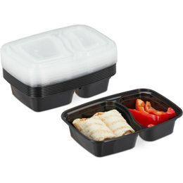 Relaxdays Meal Prep Boxen, 10er Set, 2 Fächer, mikrowellengeeignet, 800 ml, Kunststoff Essensbox mit Deckel, schwarz