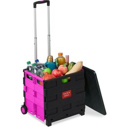 Einkaufstrolley klappbar, bis 35 kg, 50 l Kiste, mit Teleskopgriff, 2 Rollen, Transport Trolley, pink/schwarz - Relaxdays