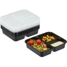 Meal Prep Boxen, 10er Set, 3 Fächer, 1000 ml, mikrowellengeeignet, Kunststoff Essensbox mit Deckel, schwarz - Relaxdays