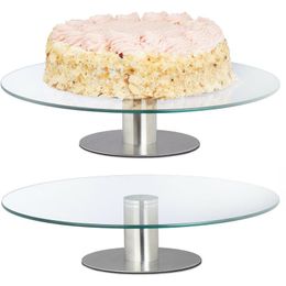 Relaxdays - Tortenplatte mit Fuß, 2er Set, drehbar, ∅ 30 cm, zum Servieren, runde Kuchenplatte Glas, transparent/silber