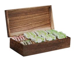 Relaxdays Vintage Teebox, 8 Fächer, für 80 Teebeutel, mit Deckel, Aromaschutz, Holz Teekiste HBT 8,5x30,5x15,5 cm, braun