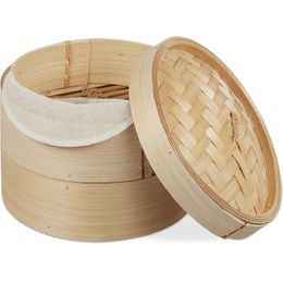 Bambus Dampfgarer, asiatischer Dämpfkorb mit 2 Etagen, für Dim Sum, Reis, Dampfgarer Einsatz, ø 20,5 cm, natur - Relaxdays