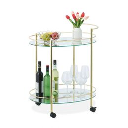 Servierwagen, 2 Ebenen, verspiegelter Luxus Barwagen, HxBxT: 79x68x45 cm, drehbare Rollen, Glas & Metall, gold - Relaxdays