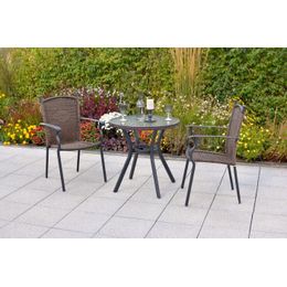 Merxx Garten-Essgruppe »Roma«, (Set, 3-tlg., Pulverbeschichtetes Aluminiumgestell), Tisch: Øx H: 72x73 cm, braun