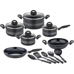 GSW Topf-Set Milano Nero, Aluminium (Set, 15-tlg., je 1 Kochtopf 16/20/2 cm, 1 Stielkasserolle 16cm, je 1 Pfanne 24/28cm), Induktion, inkl. 5-teiliges Küchenhelfer-Set, schwarz