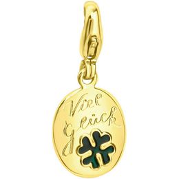 Firetti Charm-Einhänger Schmuck Geschenk Gold 375 Anhänger Charms Kleeblatt Gravur Viel Glück, gelb|goldfarben|grün