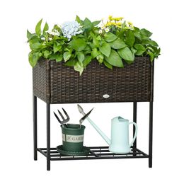 Outsunny Poly Rattan Hochbeet Blumentopf Blumenkasten mit Füßen mit Ablage