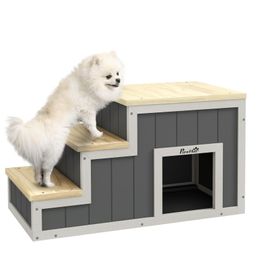 PawHut Haustiertreppe mit kleiner Hundehütte im Inneren grau, natur 79L x 38,5B x 45H cm