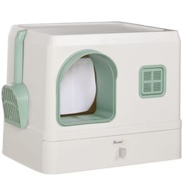 PawHut Katzenklo mit zwei Deodorants und Schaufel weiß, grün 50L x 40B x 40H cm