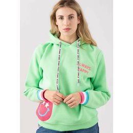 Hoodie Zwillingsherz "Always Happy" Gr. S/M, grün (hellgrün) Damen Sweatshirts -jacken Hoodiebänder mit Aufdruck