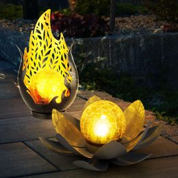 Globo Solarleuchte Flammen Design Außen Solarblume Aussen Lotusblume Solar Crackle Glas, grau, LED Leuchtmittel, 1x Lotusblume 1x Flammen Design, 2er Set