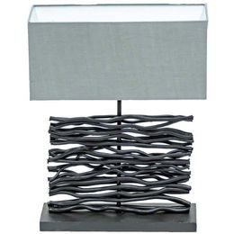 Globo Tischleuchte Tischlampe Beistelllampe Holzlampe Schreibtischlampe Wohnzimmerlampe, Holz schwarz Stoff grau, E27, H 50 cm