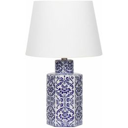 Beliani Tischlampe Blau und Weiß Porzellan Vasenform 53 cm Stoffschirm Kegelform Handbemalt Kabel mit Schalter Modern Schlaf- u. Wohnzimmer Beleuchtung - Weiß