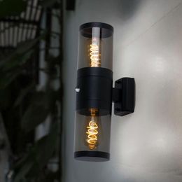Globo Außenleuchte Wandlampe mit Bewegungsmelder Gartenleuchte Fassadenleuchte, Up and Down Strahler, Edelstahl, schwarz rauch, 2x E27, DxH 10,2x42 cm