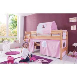 Relita Halbhohes Spielbett Kim mit 3 tlg. Stoff-Set rosa/weiß, Buche massiv natur lackiert