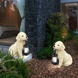 etc-shop Solarleuchte Solarlampe Außenleuchte Gartenlampe Hund, Akku Wetterfest IP44, Hundfigur mit Laterne, beige weiß, 1x led 0,06W, HxLxB 25x15,5x23,5cm,