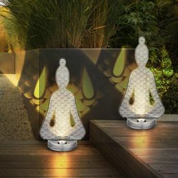 etc-shop Solarlampen für außen Garten Deko draußen Figuren Solar Buddha, IP44, Akku, Metall Kunststoff, 1x LED 2700K, LxBxH 19x12x36cm, 2er Set