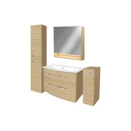 Fackelmann B.STYLE Badmöbel Set mit Waschbecken mit Unterschrank 80 cm breit – LED-Spiegelschrank – Midischrank und Hochschrank in Holz braun –