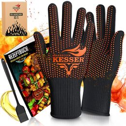 Kesser Grillhandschuhe hitzebeständig bis 500° Ofenhandschuhe Atmungsaktiv & mit rutschfestem Griff Topfhandschuhe aus Aramid-Gewebe Schwarz / Orange / xs-s