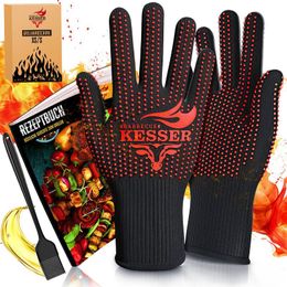 Kesser Grillhandschuhe hitzebeständig bis 500° Ofenhandschuhe Atmungsaktiv & mit rutschfestem Griff Topfhandschuhe aus Aramid-Gewebe Schwarz / Rot / xs-s