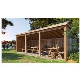 Holz Picknickhütte Kiefer / Fichte in der Größe 432 x 218 x 169/220 cm mit 2 Tischen aus Lärche