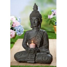 Gilde Dekofigur Buddhafigur "Buddha" mit Teelichthalter aus Magnesia in grau