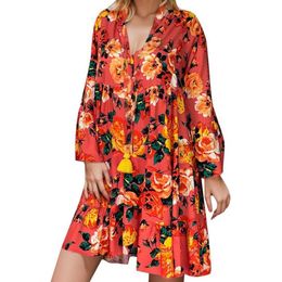 KIKI Blusenkleid Kleid 3/4 arm Damen V-Ausschnitt Casual Swing Kleid Blumen Sommerkleid