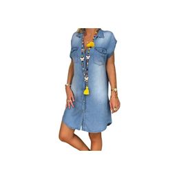 KIKI Blusenkleid Damen Sommerkleid Jeans Kleider V-Ausschnitt Strandkleider Einfarbig