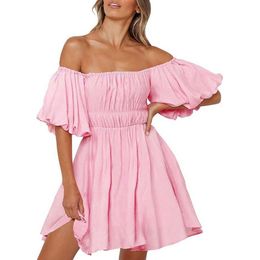 KIKI Blusenkleid Kleid Damen Sexy Schulterfreies A-Linie Sommerkleid Plissee Loose