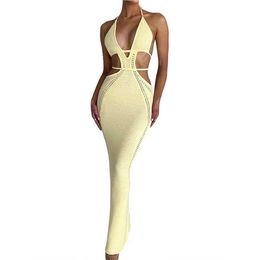 ZWY Strandkleid Damen Sexy ärmelloses Neckholder-Bodycon-Kleid mit V-Ausschnitt (Wickelkleid mit ausgehöhlter Patchwork-Schnürung auf der Brust) Damen-Hohlstrickkleid