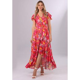 YC Fashion & Style Sommerkleid Maxikleid mit Blumenmuster und Vokuhila-Schnitt in Lachsrot Alloverdruck