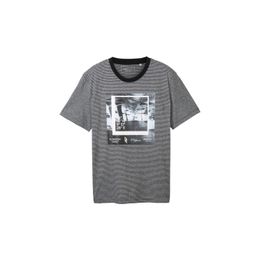 Tom Tailor Denim Herren Gestreiftes T-Shirt mit Fotoprint, schwarz, Streifenmuster, Gr. XL