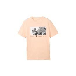Tom Tailor Denim Herren Gestreiftes T-Shirt mit Fotoprint, orange, Streifenmuster, Gr. XL