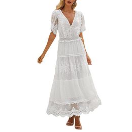 ZWY A-Linien-Kleid Damen Extra Lange Spitze Solide Farbe V-Ausschnitt und kurzen Ärmeln