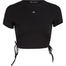 Tommy Jeans T-Shirt, Label-Stickerei, Rippstruktur, für Damen, schwarz, XS