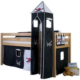 Relita Halbhohes Spielbett Alex mit Vorhang, Turm und Tasche, Buche massiv, natur lackiert