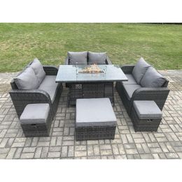 Fimous 9-Sitzer Rattan Möbel Garten Esszimmer Set Gas Feuer Pit Tisch mit Liebe Sofa 3 Fußhocker Dunkelgrau Gemischt