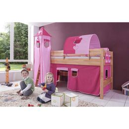 Relita Halbhohes Spielbett Kelila mit 3 tlg. Stoff-Set pink/rosa, Buche massiv natur lackiert