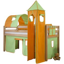 Relita Halbhohes Spielbett Alex mit Vorhang, 1-er Tunnel, Turm und Tasche, Buche massiv, natur lackiert