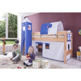 Relita Halbhohes Spielbett Kelila mit 3 tlg. Stoff-Set weiß/blau, Buche massiv natur lackiert