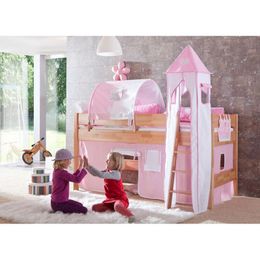 Relita Halbhohes Spielbett Kelila mit 3 tlg. Stoff-Set rosa/weiß, Buche massiv natur lackiert