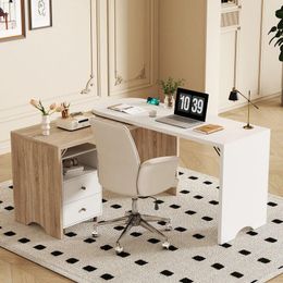 Schreibtische, Eckschreibtische, L-förmige Computertische, Schreibtische mit Schubladen, Weiß und Holz