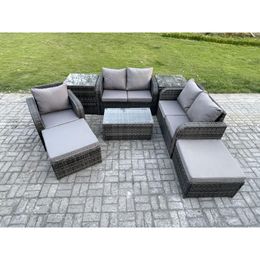 Fimous - High Back Rattan Gartenmöbel Set mit Loveseat Sofa Rechteckiger Couchtisch 2 Großer Fußhocker 2 Beistelltische Indoor Outdoor Patio Lounge