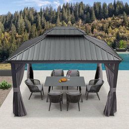 3 x 4 m Patio Gazebo für Hinterhof Hardtop verzinktem Stahl Dach Markise mit Upgrade-Vorhang, Grau - Purple Leaf