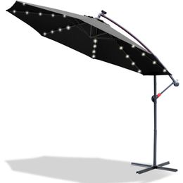 Sonnenschirm mit LED Beleuchtung Ampelschirm Garten Schirm UV-Schutz Kurbelschirm Ständer Gartenschirm Marktschirm 350cm mit 32 LED-Lämpchen , Grau