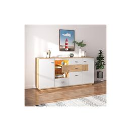 Modernes Sideboard-Schrank mit viel Stauraum, mit LED-Beleuchtung, 160x40x77cm, 2 Türen, 4 Schubladen, Glasablage, Holzoptik, Weiß,Wohnzimmermöbel,