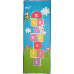Kinderteppich Hüpfspiel, 180 x 70 cm, 10 Hüpfkästchen, Kurzflor, gummierte Unterseite, Spielteppich, bunt - Relaxdays